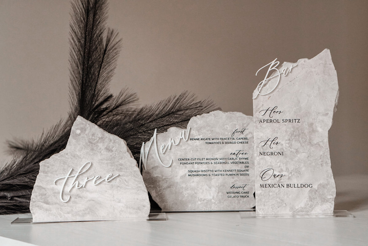 Marble Stone Dinner Menu | Marble Wedding Table Menu – Blushing Bean ...
